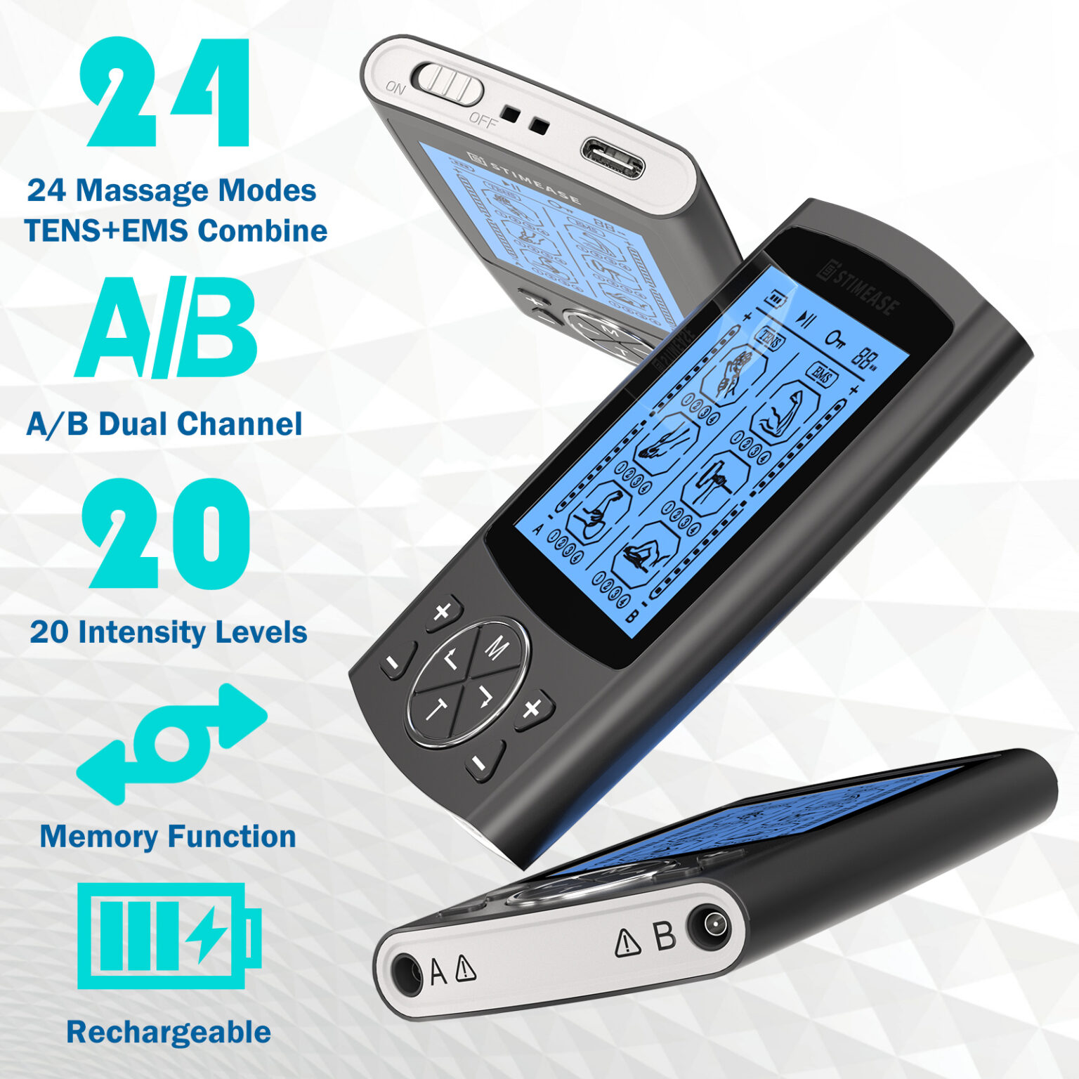 Stimease TENS Unit Muscle Stimulator ,24 Modes Dual Channel ...